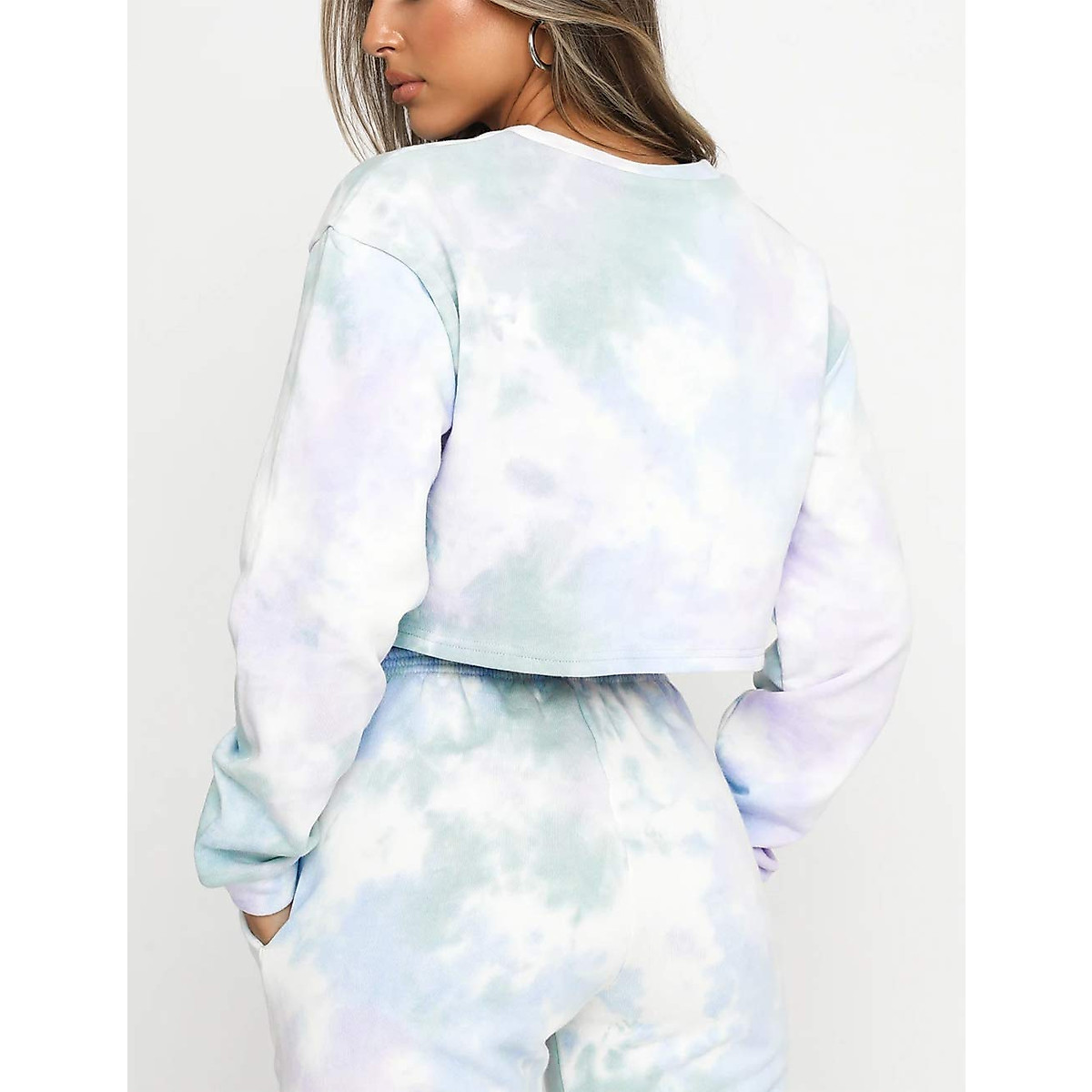 WephuPSho Women's 2 Piece Tracksuits Outfit Set Tie Dye Round Neck Long Sleeve Crop Top+ Trousers Casual Fall Clothes Sports Sweatsuit (Light green, S)