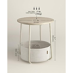 VASAGLE End Table, Small Bedside Table with Fabric Basket, Modern Nightstand, Round Side Table, for Living Room, Bedroom, Cream White ULET223K67