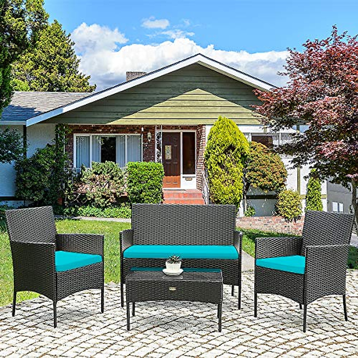 DORTALA 4 Pieces Rattan Patio Furniture Set, Practical Conversation Set w/Tempered Glass Top Table, Outdoor Wicker Sofa Set w/Removable Cushions for Poolside, Backyard