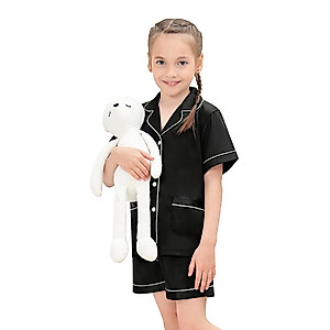 SWOMOG Satin Kid Pajamas for Girls Silk Pjs Set with 2 Pockets Boys Sleepwear Button-up Lounge Sets Short Sleeve Nightwear Black