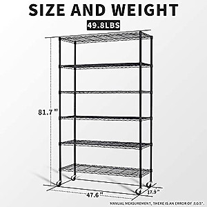 Storage Metal Shelf Wire Shelving Unit with Wheels 82"x48"x18" Sturdy Steel Heavy Duty 6 Tier Layer Rack with Casters for Restaurant Garage Pantry Kitchen Garage Rack Black