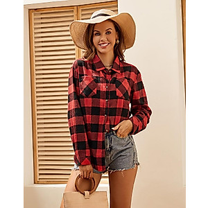 Damipow Flannel Shirt Women Long Sleeve Fall Blouse Ladies Casual Top Cute Clothes,Redt91,M