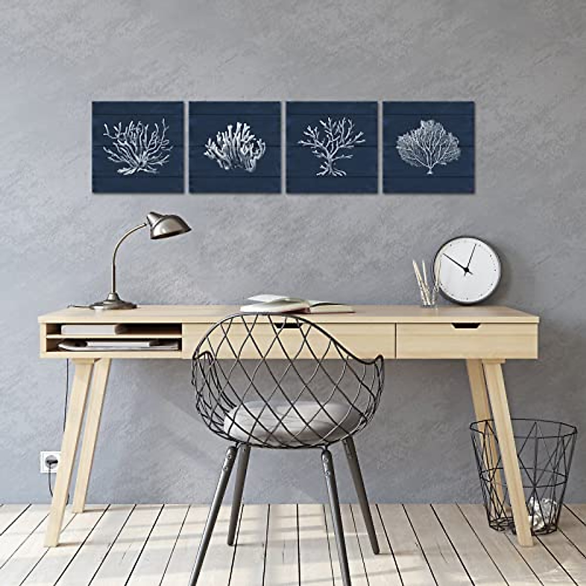 HOMEOART Coral Canvas Wall Art Prints Ocean Navy Blue Coastal Artwork Beach Home Decor Picture Framed Ready to Hang 12&quot;x12&quot;x4 Pieces