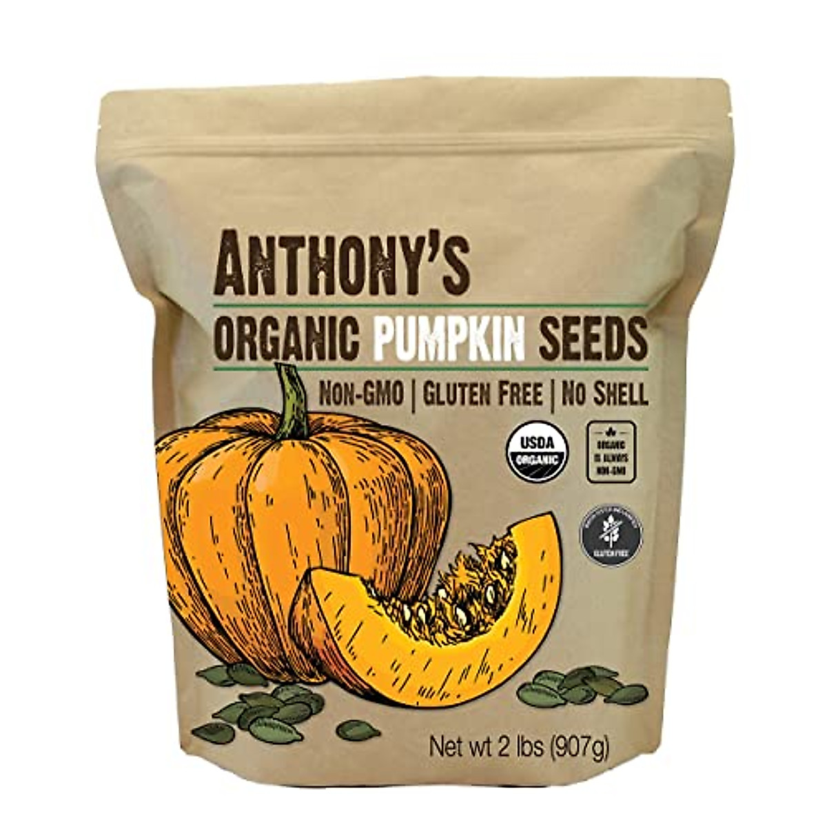Anthony's Organic Pumpkin Seeds, 2 lb, Gluten Free, Non GMO, No Shell, Unsalted, Raw