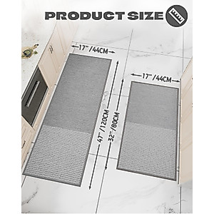 Hargiis Kitchen Mat 2PCS, Rubber Non-Skid Kitchen Rugs Washable, Absorbent Runner Mat for Floor, Machine Washable Mats for in Front of Sink, Door, Laundry, Entrance, Home (Grey, 47"×17"+32"×17")