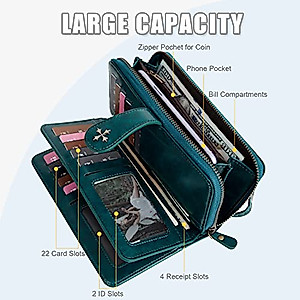GSG Womens Wallet - ID Credit Card Holder for Women, Long Wristlet Leather Zipper Wallet with RFID Blocking, Teal Ladies Wallet with Large Capacity