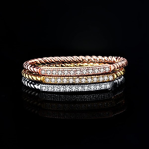 JewelryPalace 14K Yellow Rose Gold Plated 925 Sterling Silver Ring Sets, Twisted Rope Bar Cubic Zirconia Promise Rings for Her, 3pcs Simulated Diamond CZ Stackable Ring Eternity Bands for Women 10