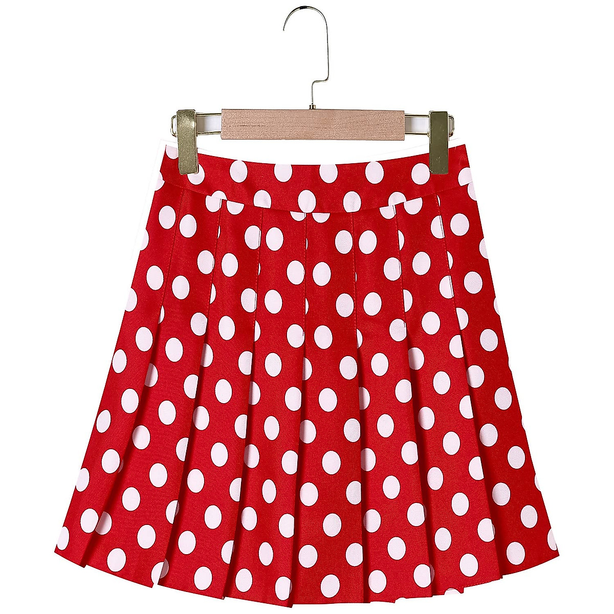 Hoerev Red White Polka Dot Mini Plaid Pleated Skater Tennis School Uniform Skirt with Lining Shorts,US 4