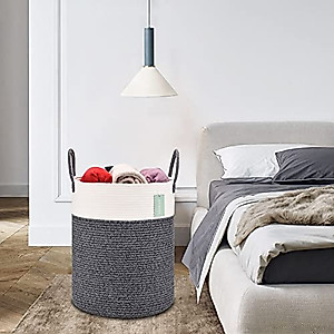 BOSROTY Extra Large Blanket Basket, Tall Laundry Basket, Laundry Hamper, Large Storage Basket, 15.7”x 19.7”, Cotton Rope Basket, Woven Basket, Toy Basket, Clothes Baskets, White & Black