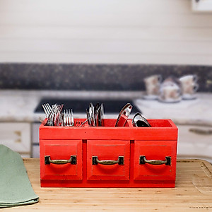 Boston Warehouse Rustic Farmhouse Flatware Caddy, 3 Section, Wood with Drawer Pulls