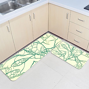 Green Yellow Kitchen Rugs Set of 2 Floor Mats, Abstract Botanical Art Hand Draw Lines Kitchen Rugs and Mats Non Skid, Cushioned Comfort Standing Mats, 24"x36"+24"x71"