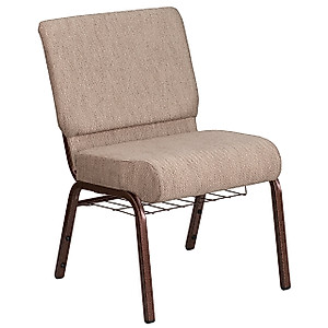 EMMA + OLIVER 21" W Church Chair, Beige Fabric Book Rack/Copper Vein Frame