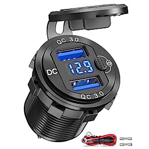 [Upgraded Version] 12V USB Outlet Dual Quick Charge 3.0, Qidoe Aluminum Socket 12V Motorcycle USB Outlet with LED Voltmeter Button Switch Waterproof 12V Car Charger for Boat Marine Moto RV Golf Cart