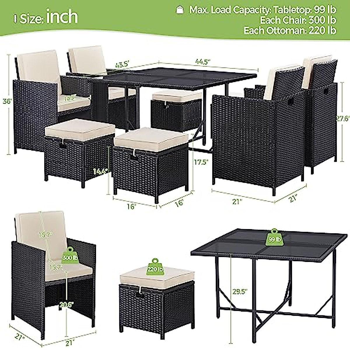 Yaheetech 9-Piece Patio Dining Sets Outdoor Space Saving Rattan Chairs with Glass Table, Wicker Patio Furniture Sets Outdoor Sectional Conversation Set with Removeable Cushions, Black