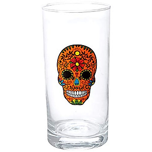 Circleware Halloween Sugar Skull Hiball Cooler, Set of 4 Heavy Drinking Glass Tumbler Cups for Water, Juice, Milk, Beer, Whiskey, Vodka, Farmhouse Decor, 14.5 oz, Black, White, Purple, Orange