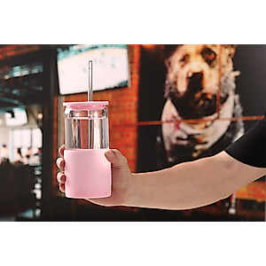 Sunseeke Glass Tumbler with Straw and Lid, 16oz Ice Coffee Cup, Silicone Sleeve Cleaning Brushes, Drinking Glasses for Water, Iced Coffee, Smoothie - BPA Free -3 Pack