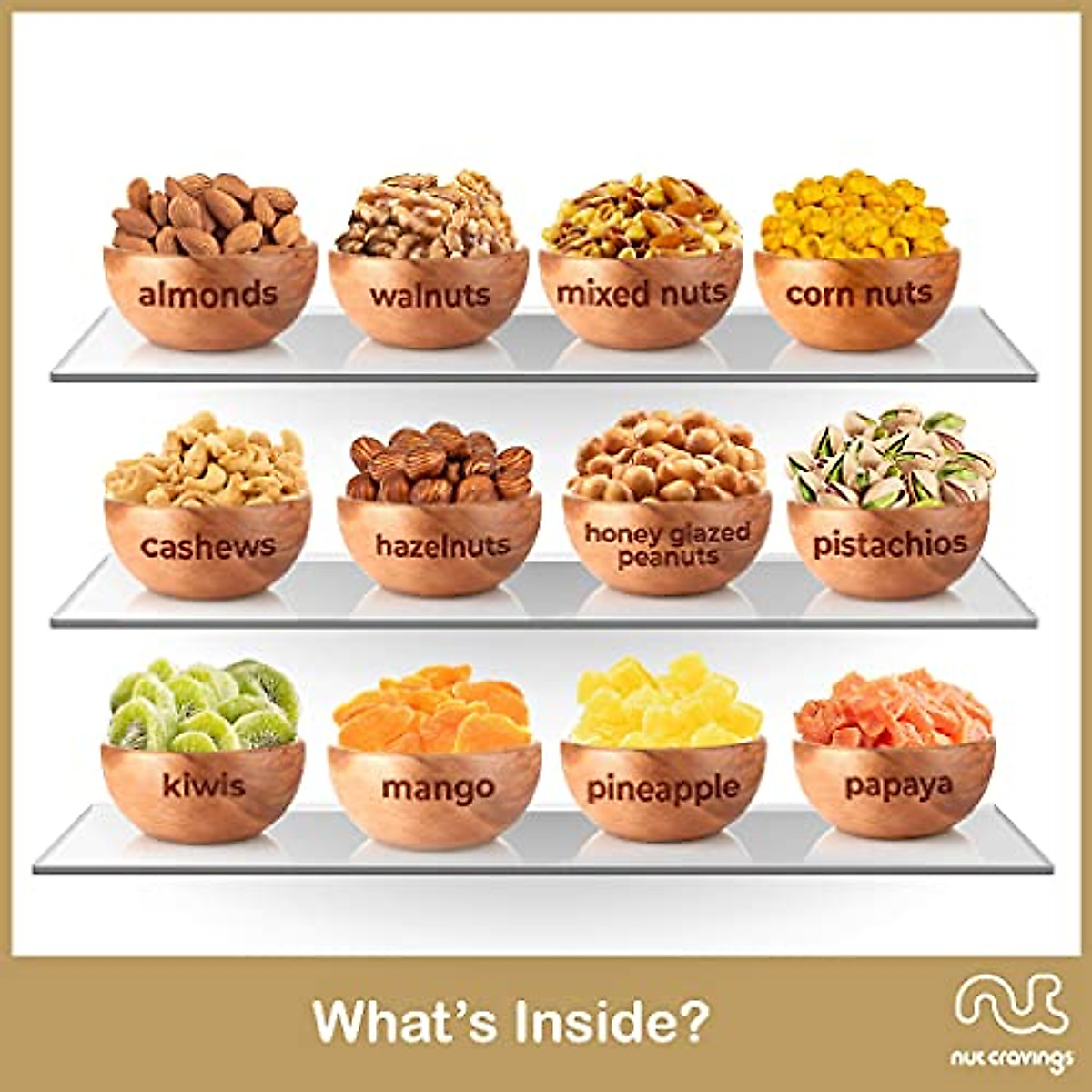 Dried Fruit & Mixed Nuts Gift Basket in Reusable Wooden Tray + Ribbon (12 Assortments) Purim Mishloach Manot Gourmet Food Bouquet Arrangement Platter, Birthday Care Package, Healthy Kosher Snack Box