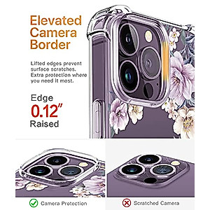ROSEPARROT Designed for iPhone 14 pro max Case with Tempered Glass Screen Protector + Camera Lens Protector, Clear with Floral Pattern Design, Shockproof Protective Cover （Anemone Blooms）