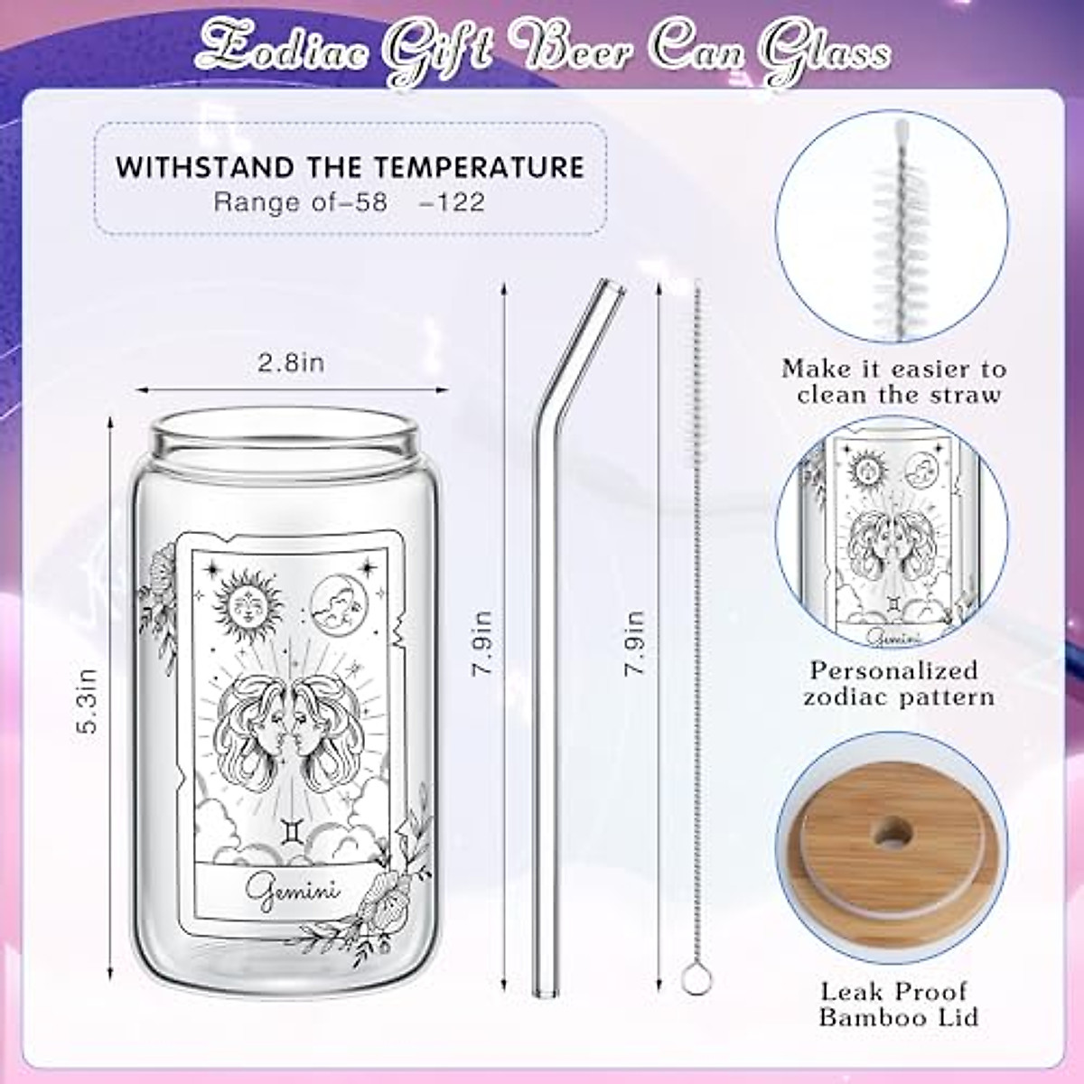 Uiifan 16 oz Zodiac Iced Coffee Glasses Beer Can Shaped Drinking Glasses Glass Cups with Lids and Straws Cleaning Brush Cute Drinking Jars Zodiac Gifts for Women Men Tea Soda (Gemini Style)