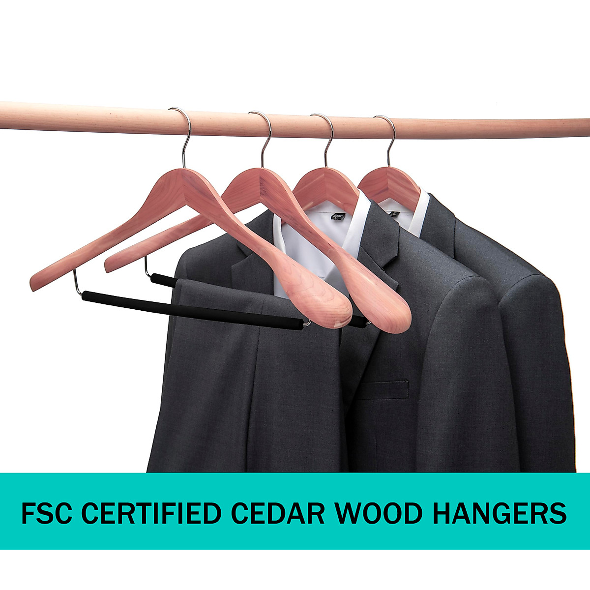 8 Pack Unfinished American Red Cedar Wooden Coat Suit Hangers with Extra Wide Shoulder, Wooden Jacket Clothes Hanger with Non Slip Black Padded Pant Bar- 360°Flexible Hook, Natural- HL03C2