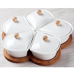 yarlung Ceramic Divided Serving Dishes with Lids and Bamboo Platter, 5 Removable Dipping Bowls Relish Tray Nuts Dishes for Appetizer, Chips, Fruits, Candy, Condiment