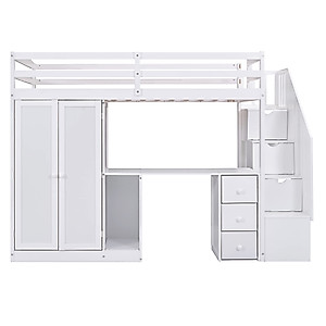 White Twin Loft Bed with Stairs and Desk, Wooden Twin Loft Bed with Wardrobe and Storage Drawers, High Loft Bed Frame for Kids, Teens, Adults Boys & Girls, Loft Bed Twin with Storage