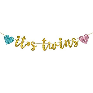 It's Twins Banner - Gold Glitter Baby Shower Bunting Gender Reveal Party for Babies Twin Decorations Supplies