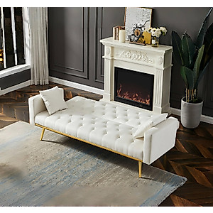 73" Modern Velvet Sofa Bed Futon,Convertible Sleeper Sofa Couch with 3 Angle Adjustable Backrest, Modern Loveseat with 4 Golden Metal Legs for Living Room and Bedroom (Beige)