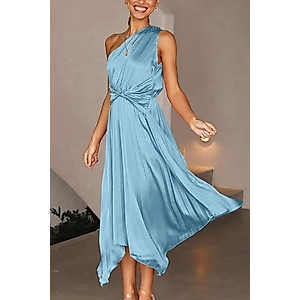 PRETTYGARDEN Women's Summer Long Satin Dress One Shoulder Sleeveless Ruched Twist Flowy Maxi Dresses (Light Blue,Small)