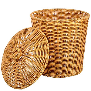 Cabilock Rattan Waste Basket with Lid Wicker Waste Paper Bin and Basket Trash Can Rubbish Basket for Bedroom, Bathroom, Offices or Home