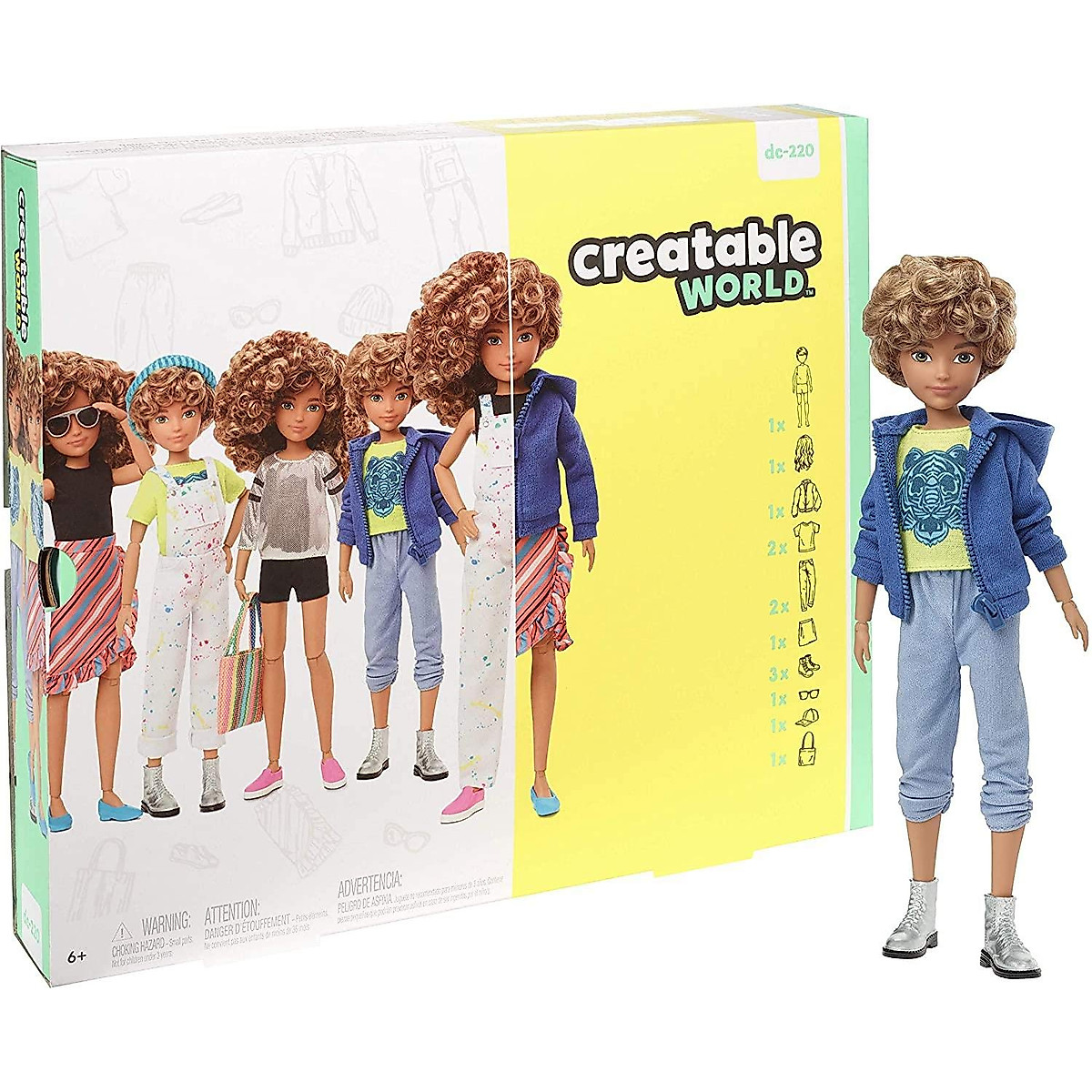 Creatable World Deluxe Character Kit DC-220 Customizable Doll with Blonde Curly Hair, 6 Pieces Doll Clothes, 3 Pairs Shoes and 2 Accessories, Creative Play for All Kids 6 Years Old and Up