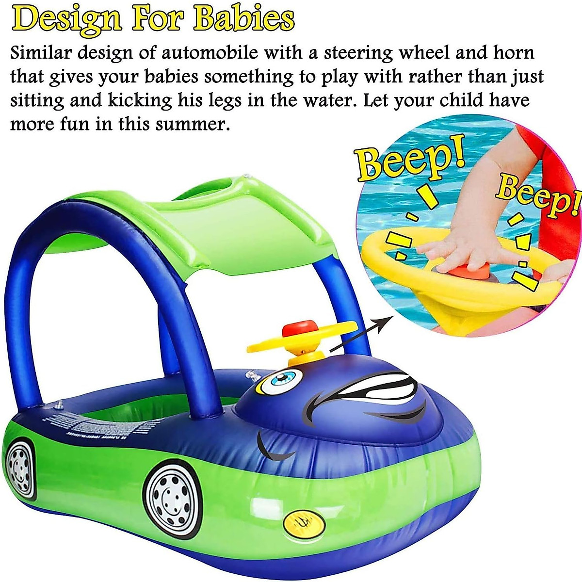 iGeeKid Inflatable Baby Pool Float with Canopy, Safty Seat for Infant Baby Swim Float Rings Car Shaped Swimming Pool Floaties for Baby Toddler Age of 6-36 Months (Blue)