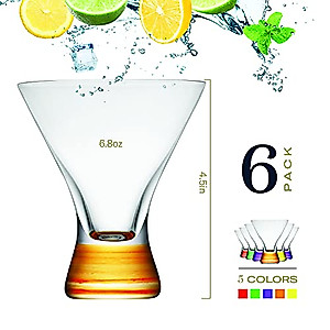 Colored Martini Glasses Set of 6 - 8 Oz Colored Margarita Glasses, Colorful Martini Glasses European Cocktail Glasses, Stemless Martini Glasses, Coupe Glasses, Dishwasher Safe, Glass Cups for Party