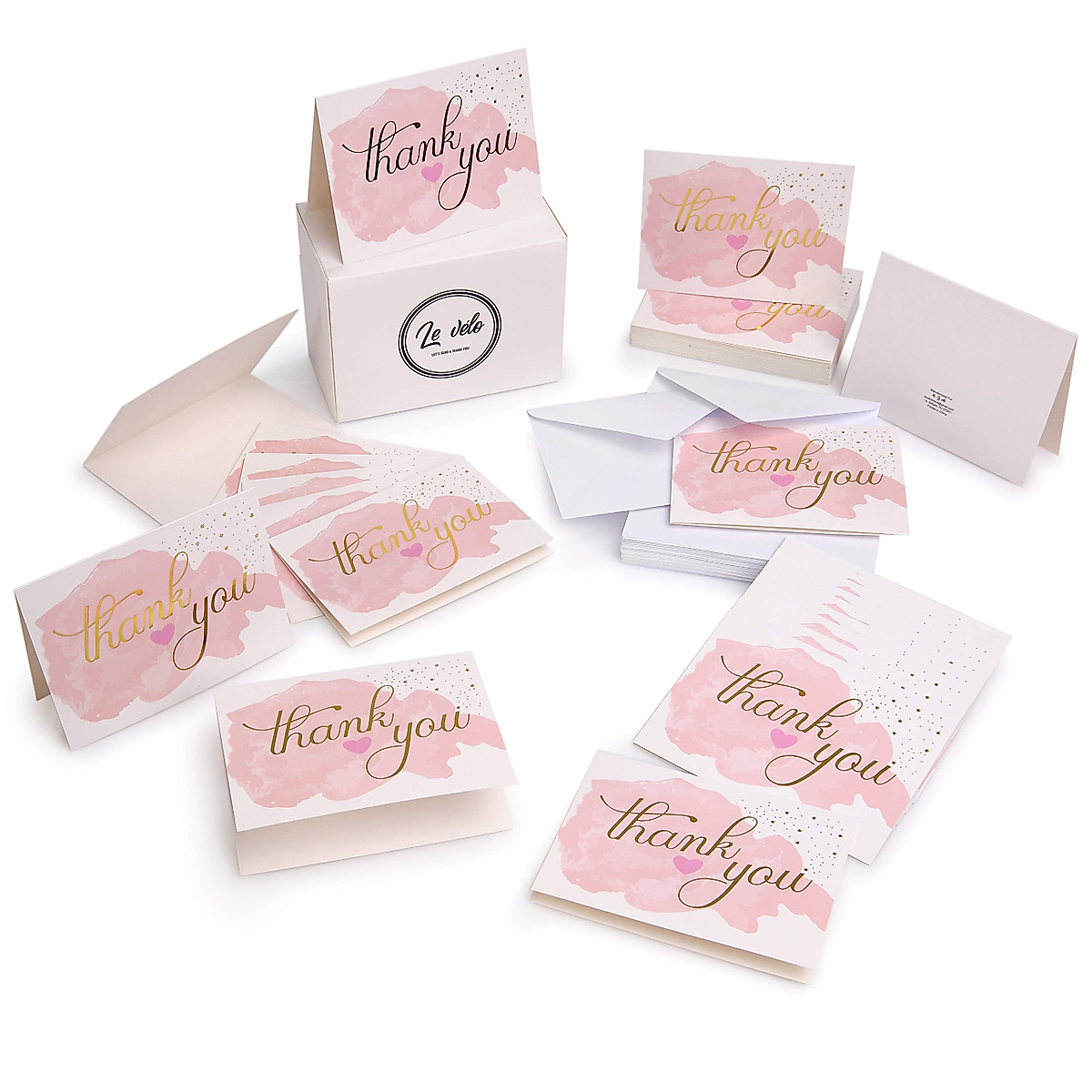 Thank You Cards with Envelopes (Set of 48) | Great for Baby Shower, Bridal Shower, Wedding, Parties & More | Thank You Notes Gold Foil Stamped Premium Cardstock with Pink Blush Watercolor Design