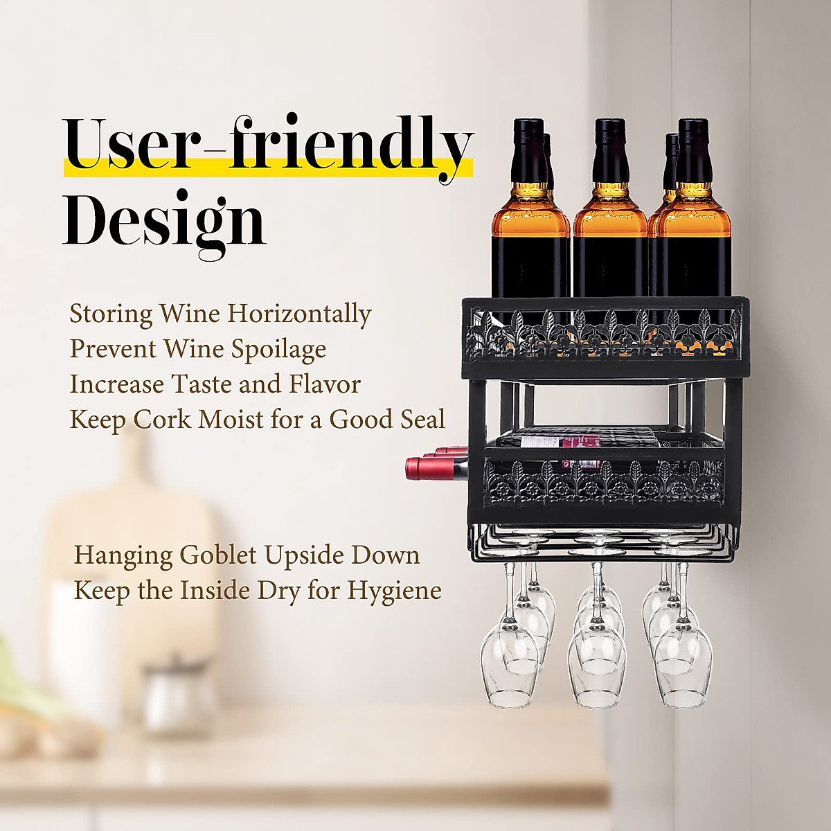 Upyouths 2 Tier Wall Mounted Wine Rack, Metal Hanging Wine Rack, Storage Shelf Glass Hanging Holder, Hanging Floating Bar Liquor Shelves, Bottle Holder Storage Shelves Glass Rack