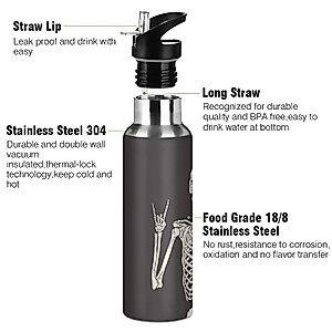 Funny Skull Water Bottle with Straw Lid, Funny Skeleton 20 Oz Stainless Steel Insulated Keeps Hot and Cold Bottle, Leakproof Sports Gym Cycling Outdoor Water Flask Thermos Bottle