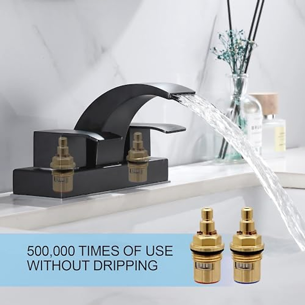 BANGPU 4 Inch Centerset Sink Faucet 3 Hole Centerset Sink Faucet 2 Handle Bathroom Basin Faucet Waterfall Lavatory Vanity Faucet 4 Inch with Pop Up Drain, Matte Black