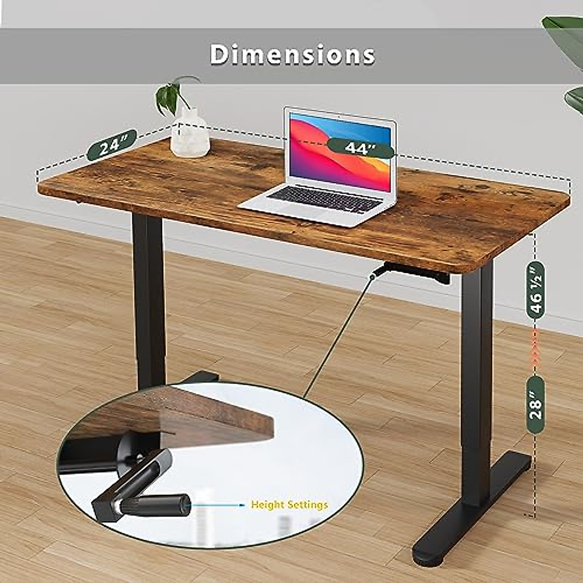 Our Modern Space Height Adjustable 44 Inches MANUAL Standing Desk - Ultra Durable Home Office Large Rectangular Computer or Laptop Sit Stand Workstation Table - 44 x 24 inches - RUSTIC