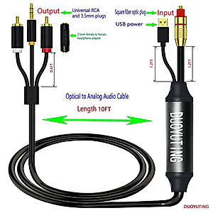 Digital Optical to Analog 3.5mm AUX Audio Cable, Optical to 2 RCA Adapter, All-in-one D/A Audio Converter, for TV/PS4/Xbox/DVD SPDIF/TOSLINK/Optical Port to Sound Box Amplifier Headphones (10ft).