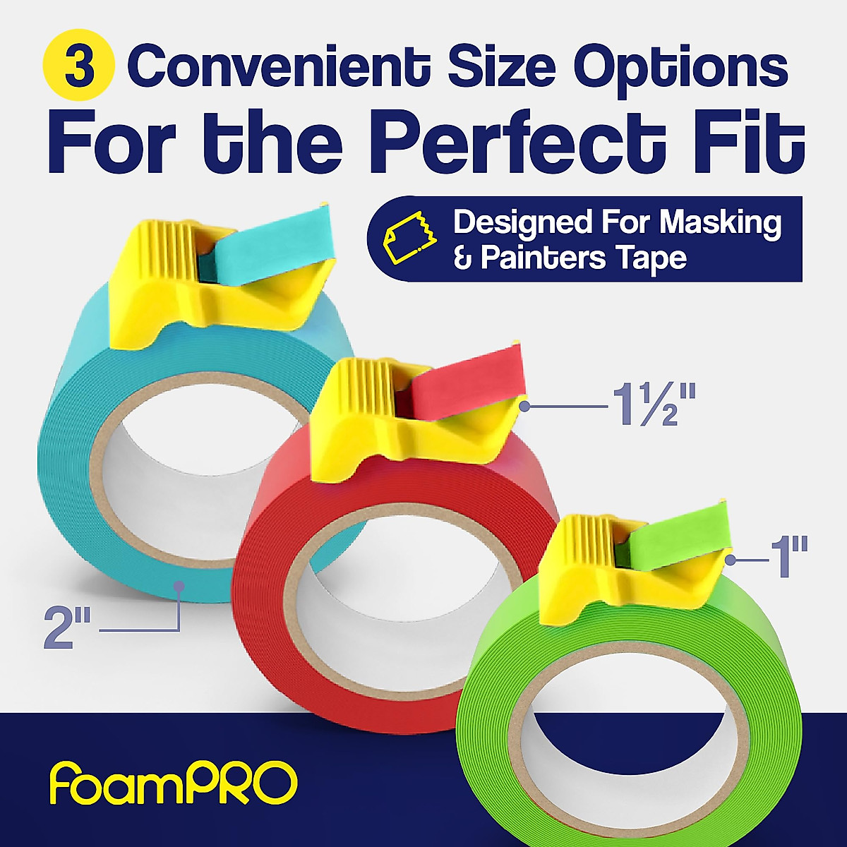 Foampro 149 Tape Cap Compact Tape Dispenser, 3-Pack for 1”, 1 1/2” and 2” Masking and Painter’s Tape | DIY Painting Accessories | Tape Corners, Create Labels, Arts & Crafts Projects & More!