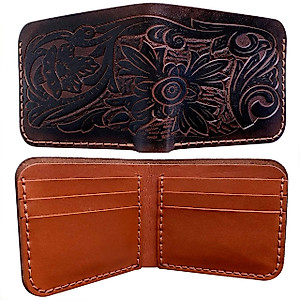 NICKSTON Brown Tooled Genuine Leather Wallet with Floral Motifs Unisex Men Women Crafted Carved Engraved Embossed Strong Stitched Compartments for ID Banknotes Cards Luxury Gift for Her Him