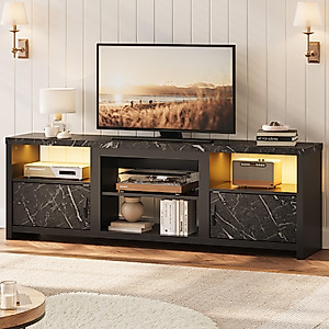 Bestier 70 Inch TV Stand with LED Lights for 80 Inch TV, Black Marble Entertainment Center with Storage Cabinets for Living Room Bedroom, Large TV Console Table with Adjustable Shelf, Easy Assembly