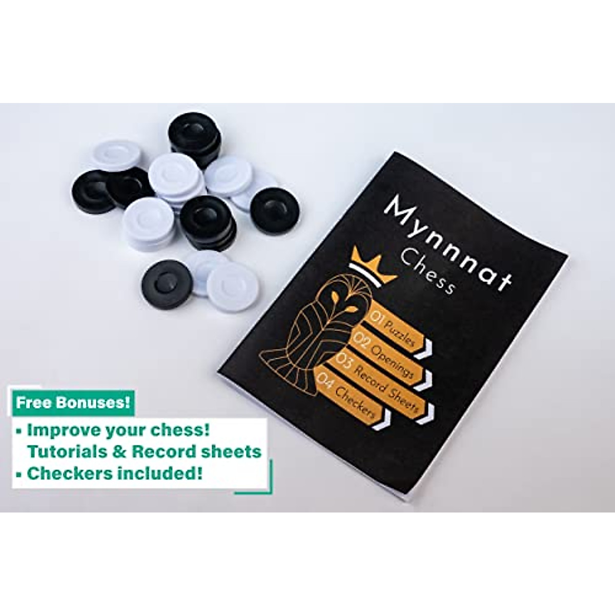 Mynnnat Professional Chess Set, Thick Tournament Roll up Board and Pieces with Travel Bag, Checkers and Unique Booklet for Chess Training - White & Green
