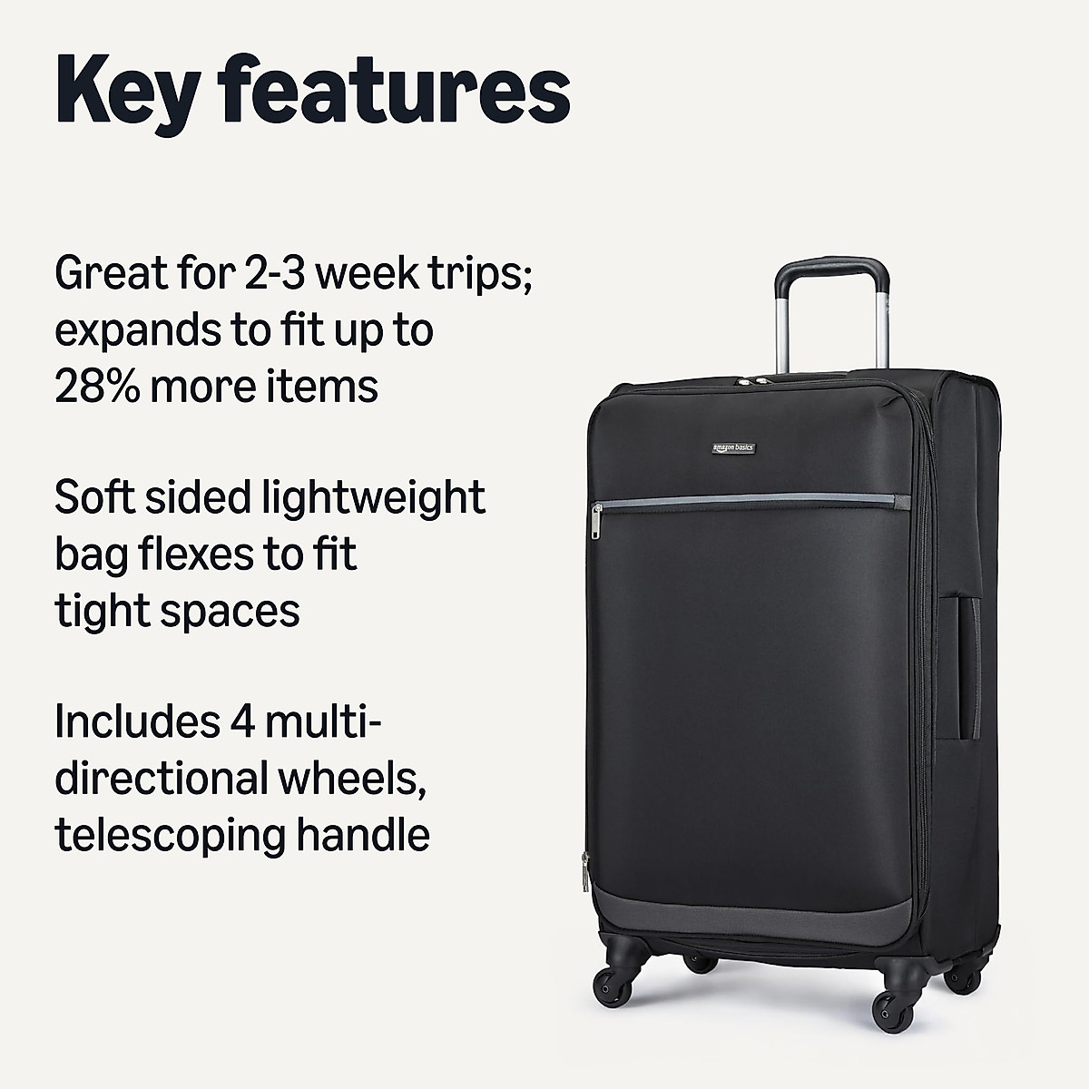 Amazon Basics Luggage, 30" Large Checked Softside Suitcase With Wheels, With Four 360-Degree Multi-directional Spinner Wheels, Expandable Space, Zippered Pocket and Straps, Telescopic Handle, Black