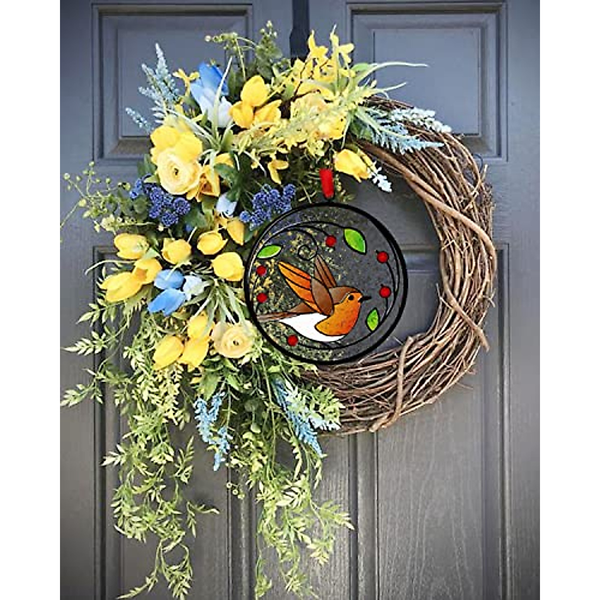 Bird Stained Glass Suncatcher Robin Bluebird Hand Painted Ornament Wall Window Hanging Double Side Redbreast Decor Birthday Lover Gift Box for Mom Grandma Teacher Women Friend with Memorial Card