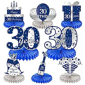 Kauayurk 8Pcs 30th birthday Honeycomb Centerpieces Decorations for Men, Blue Silver Happy 30 Table Centerpiece Party Supplies,Thirty Year Old Topper Decor Sign