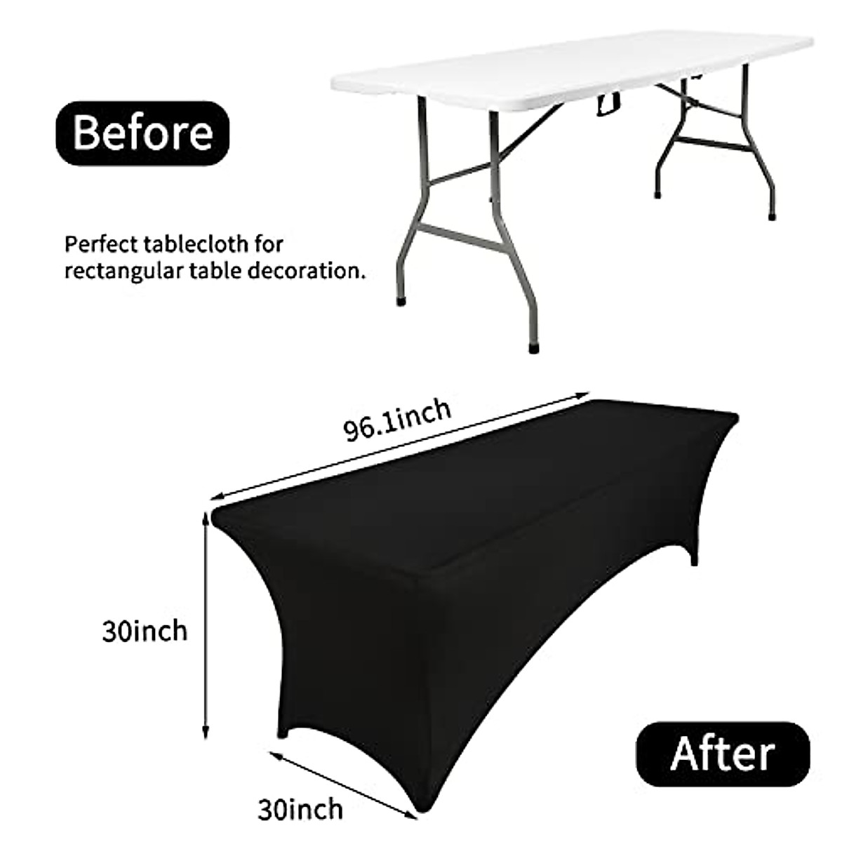 Lykoow 4 Packs 8Ft Stretch Spandex Table Cover for Standard Folding Tables - Universal Rectangular Tight Elastic Fitted Tablecloth Protector for Wedding, Banquet and Party （Black）