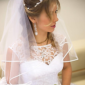 White Wedding Veil,2 Tier Ribbon Edge Center Cascade Bridal Veil with Comb for Bachelorette Party