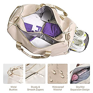 Small Gym Bag for Women and Men, Sports Duffel Bags for Dance and Swimming, Weekender Overnight Bag with Shoes and Wet Clothes Compartment (Beige)