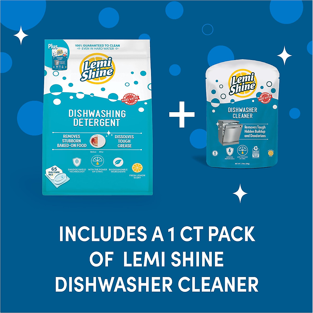 Lemi Shine Natural Dishwasher Detergent Pods + Dishwasher Cleaner 1 ct | All-In-One Powder & Gel Pods with Powerful Citric Acid | Eco Friendly Dish Wash Cleaning Supplies (65 Count)
